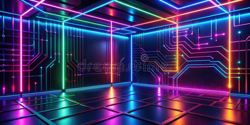 Abstract Futuristic Room with Vibrant Neon Circuitry Design. Generative ...