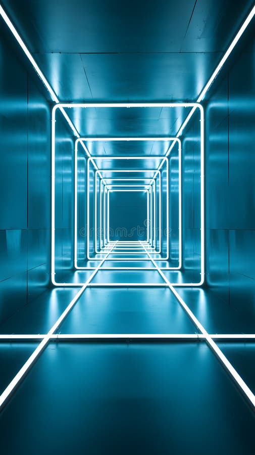 Abstract Futuristic Corridor with Vibrant Blue Neon Lights and Dark ...