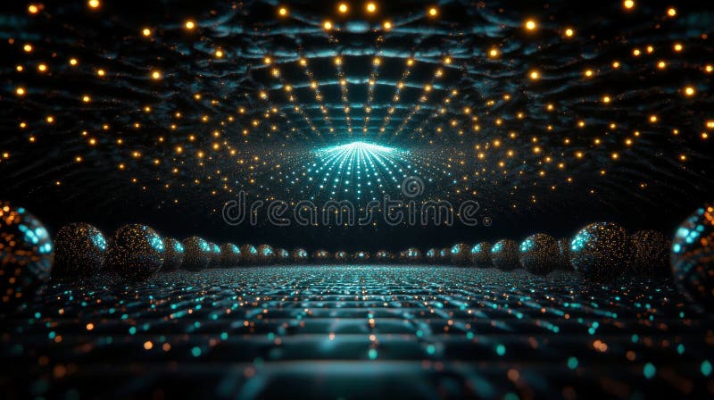 Abstract Futuristic Space with Glowing Spheres, a Grid Floor, and ...
