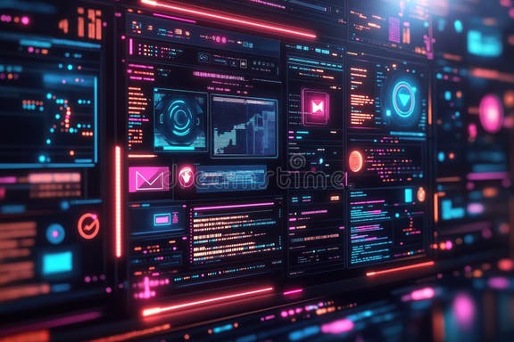 Abstract Futuristic Tech Display. Multiple Screens Show Data Visualizations Coding Elements ...
