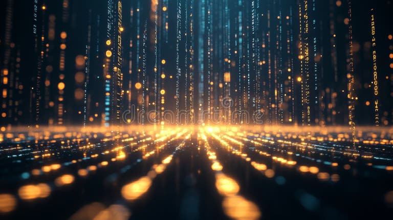 Abstract Futuristic Technology Background, Digital Data Flow, Gold Particles, Binary Code Stream ...