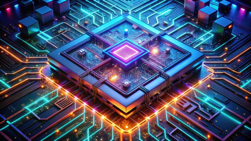 Abstract Futuristic Technology Chipset Glowing Neon Circuitry and ...