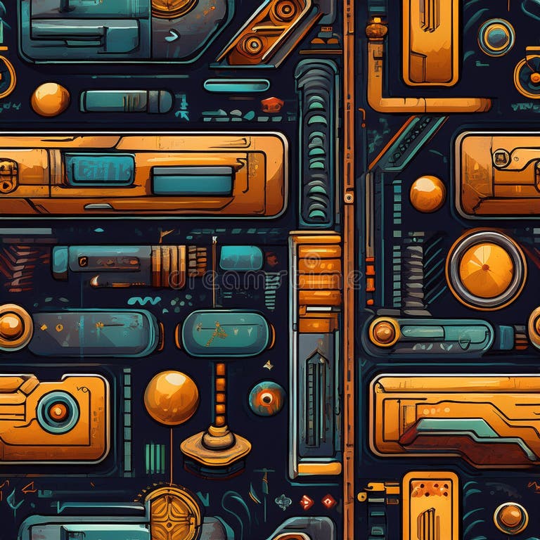 Abstract Futuristic Technology Seamless Pattern Bold Orange and Teal ...