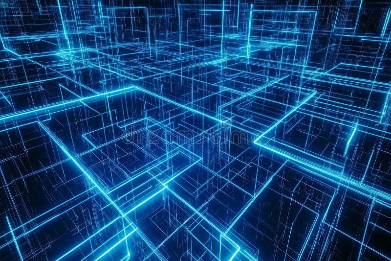 Abstract Futuristic Wireframe Texture, Glowing Blue 3D Grids in a Dark ...