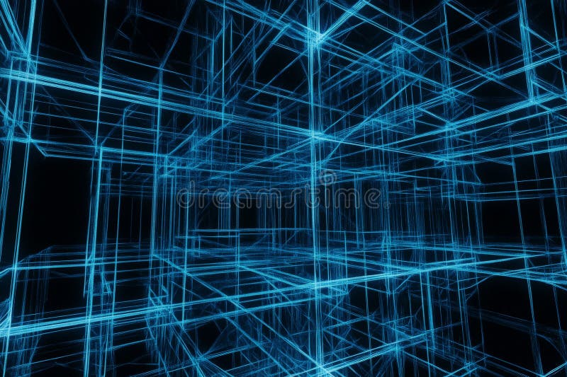 Abstract Futuristic Wireframe Texture, Glowing Blue 3D Grids in a Dark ...