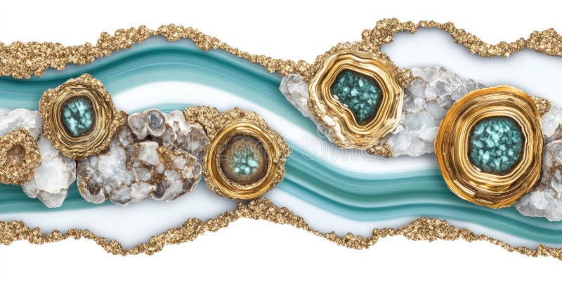 Abstract Geode Art with Gold, Crystals, and Turquoise Waves on White ...