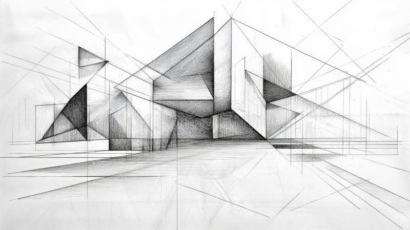 Abstract Geometric Architectural Sketch in Grayscale Stock Illustration ...