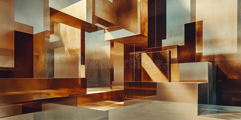 Abstract Geometric Architecture with Metallic Cubes and Light Play ...