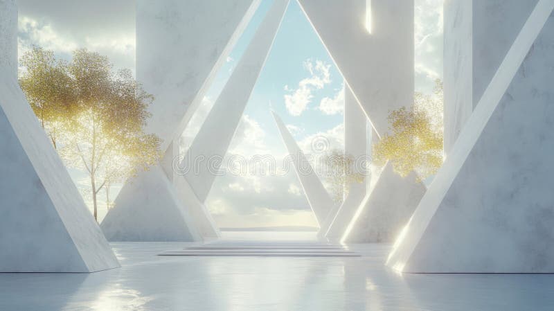 Abstract Geometric Architecture with White Triangles and Trees Stock ...