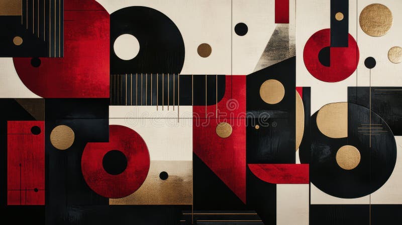 Abstract Geometric Art Composition with Bold Red, Black, and Gold ...