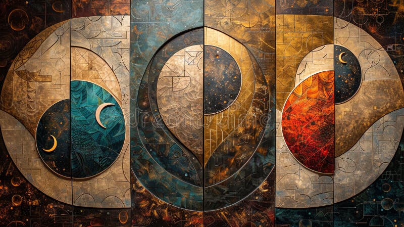 Abstract Geometric Art Featuring Celestial Themes in Warm and Cool ...