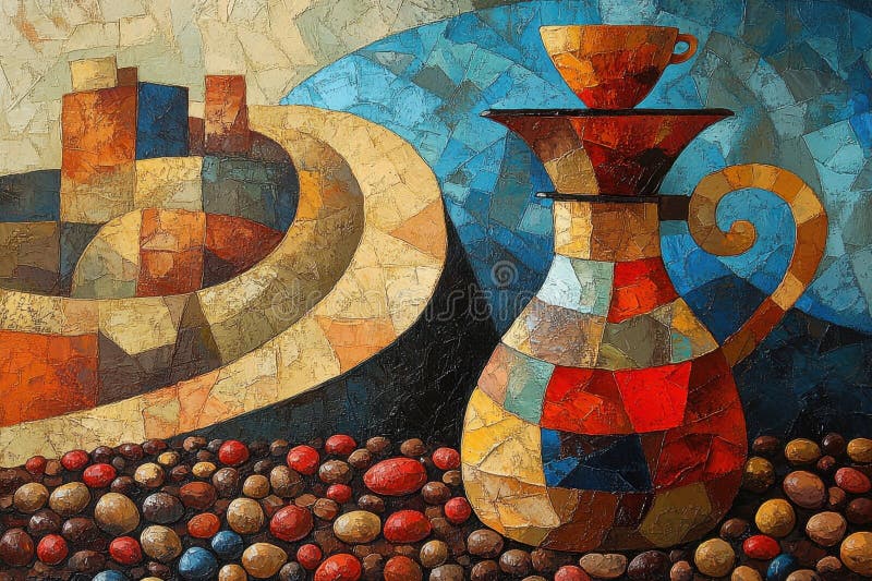 Abstract Geometric Art Featuring Coffee Pot and Cubist Elements in ...