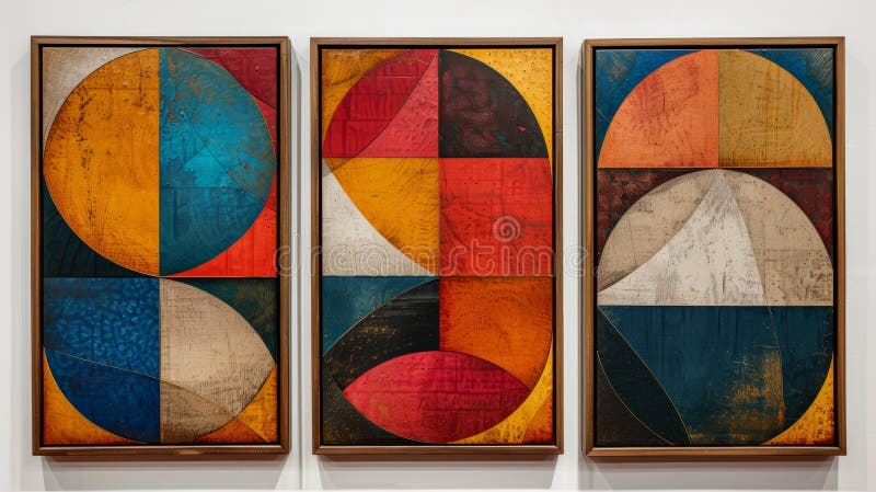 Abstract Geometric Art Triptych with Vibrant Colors and a Segmented ...