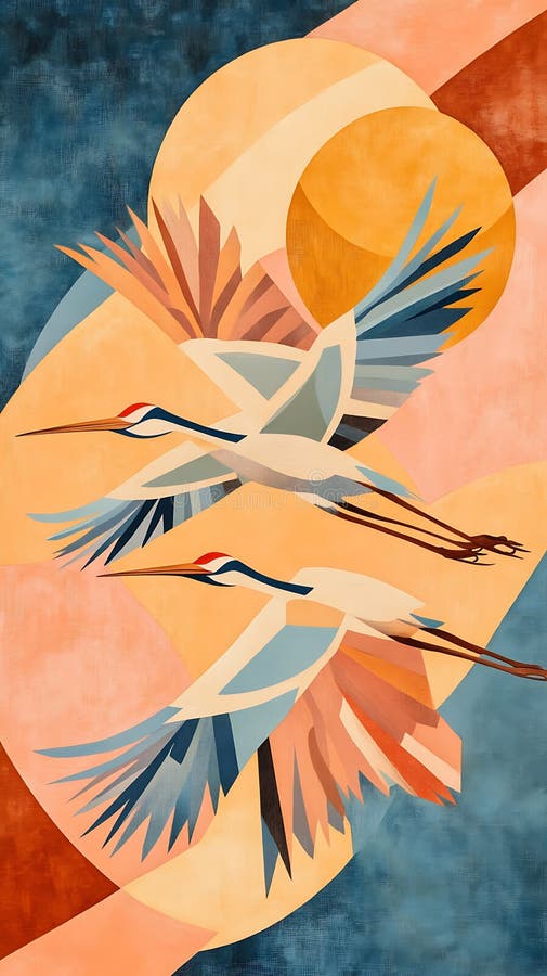 Abstract Geometric Artwork of Two Cranes in Flight with a Sun Stock ...