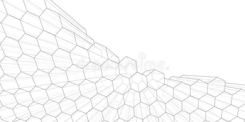Perspective Grid Hexagonal Surface.Linear 3d Illustration. Stock ...