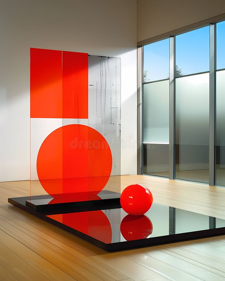 Abstract Geometric Bauhaus Art: Vibrant Red and White Objects on Black ...