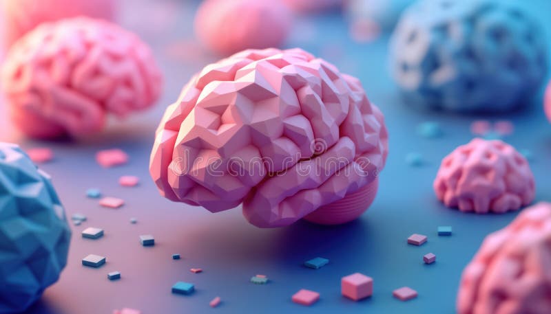 Abstract Geometric Brain Illustration. Pink, Blue Polygonal Shapes ...
