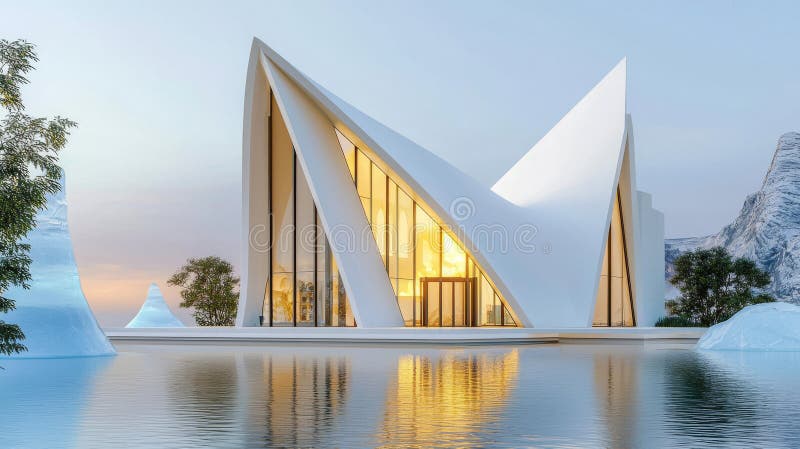 An Abstract Geometric Building with a Lake in Front. Stock Image Stock ...