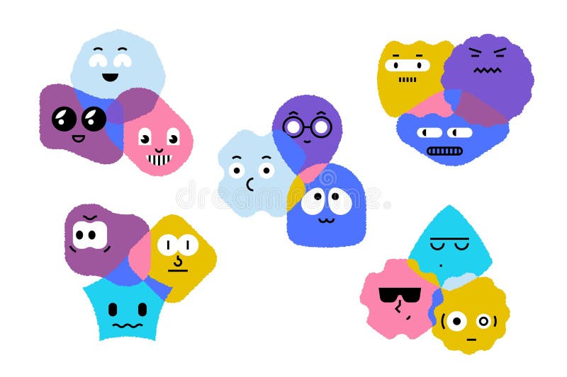 Abstract Geometric Characters Groups. Comic Faces Various Emotions ...