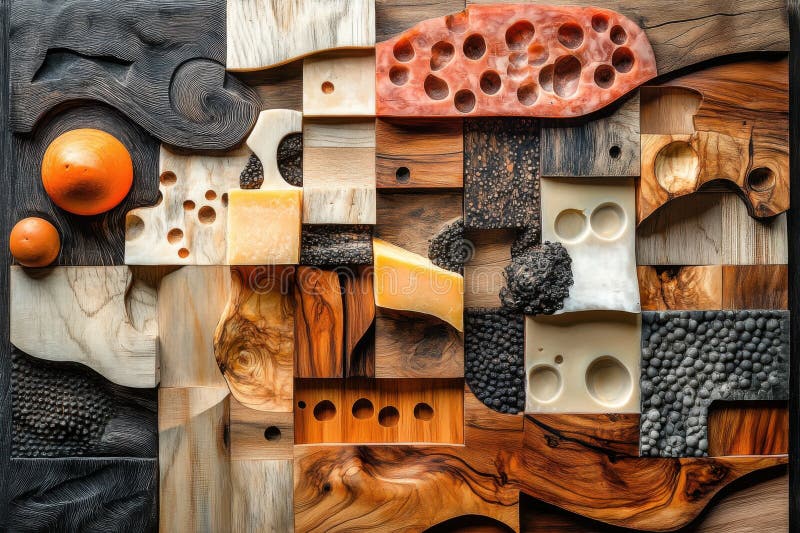 Abstract Geometric Cheese Arrangement with Wooden Texture and Oranges ...