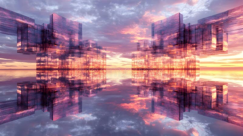 Abstract Geometric Cityscape at Sunset with Water Reflection and ...