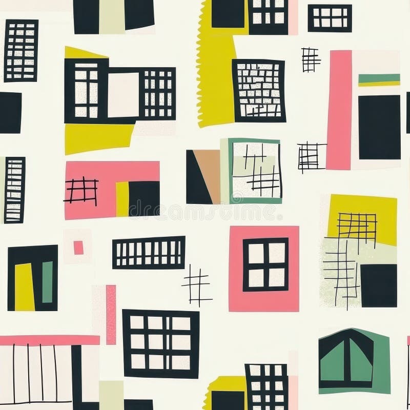 Abstract Geometric Collage with Colorful Shapes and Grids on White ...