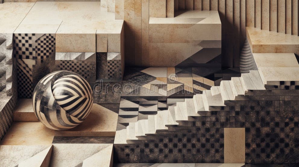 Abstract Geometric Composition with Beige Stone Blocks and Sphere Stock ...