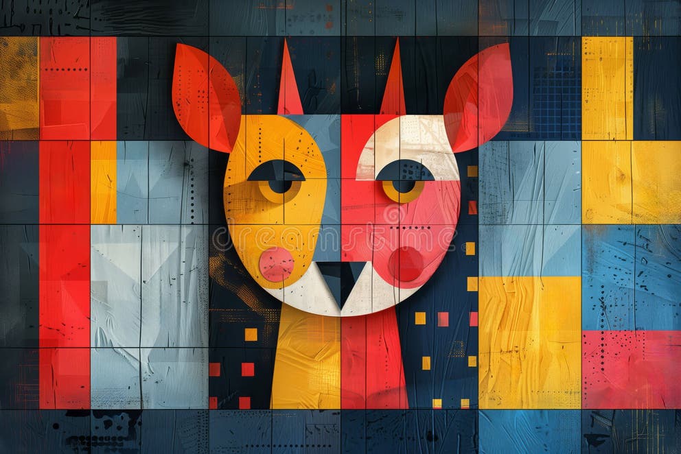Abstract Geometric Composition of a Fox Face with Textured Patchwork ...