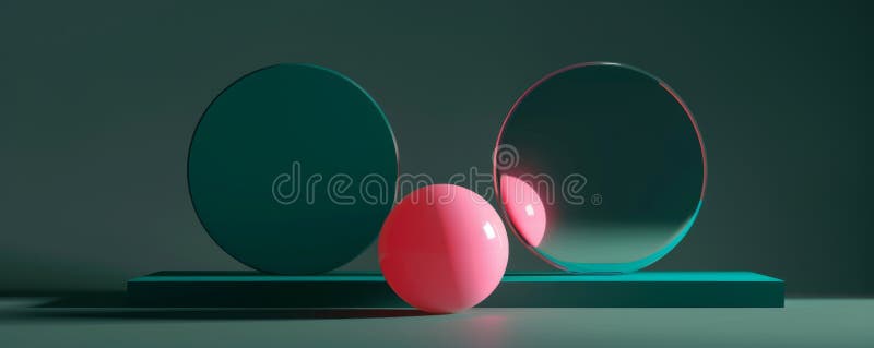 Abstract Geometric Composition with Three Shapes, Two Green Circles and ...