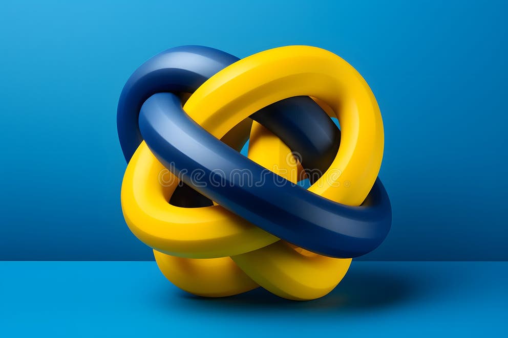 Abstract Geometric Composition, Yellow and Blue Rings. Bunch of Twisted Yellow and Blue Rubber ...