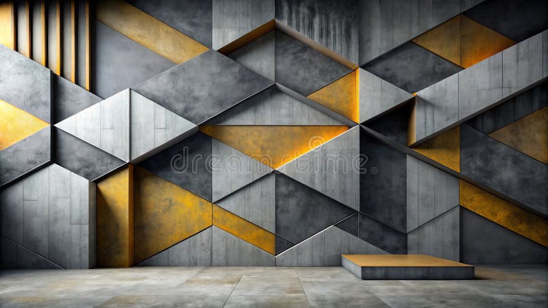 Abstract Geometric Concrete and Gold Wall with Platform. Generative AI ...