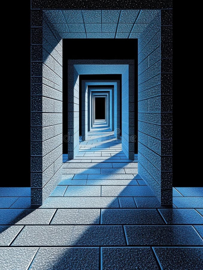 Abstract Geometric Corridor with Blue Tiled Floor and Dramatic Shadows ...
