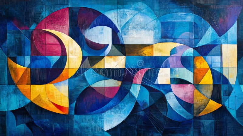 Abstract Geometric Crescent Moon Painting in Blue and Yellow Stock ...