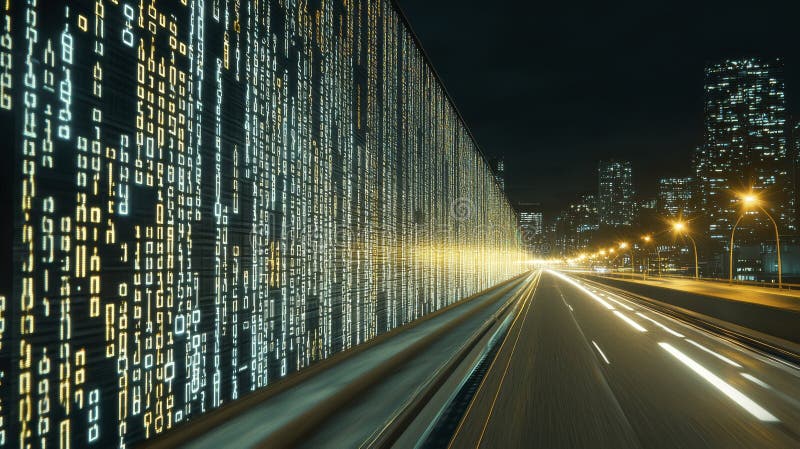 Abstract Geometric Data Streams at Night Illuminated Highway and ...