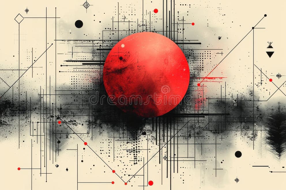 Abstract Geometric Design Featuring Bold Red Circle and Intricate ...