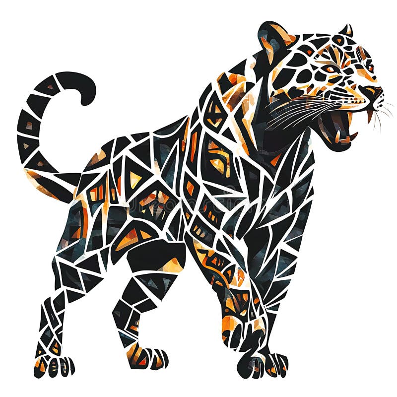 Abstract Geometric Design of a Roaring Jaguar in Black Orange and White ...