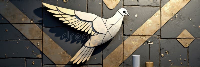 Abstract Geometric Dove Art on Textured Wall with Golden Accents Stock ...