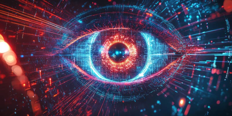 Abstract Geometric Eye Design with Neon Lines and Digital Particles ...