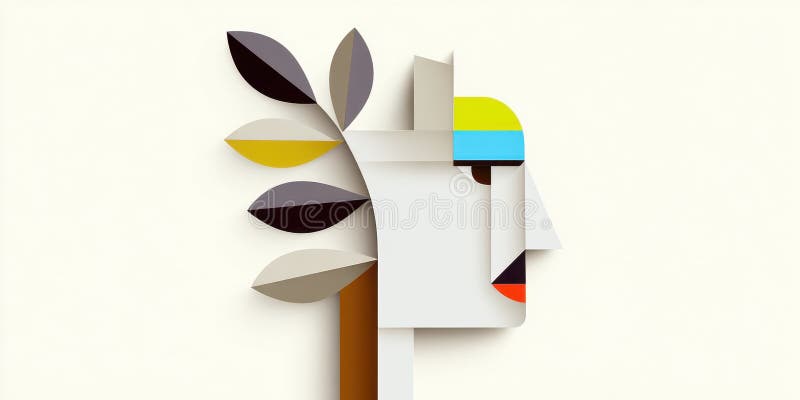 Abstract Geometric Face with Colorful Shapes and Leaves Stock ...