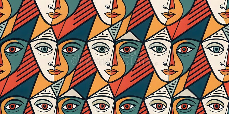 Abstract Geometric Faces Seamless Pattern, Vibrant Cubist Style Artwork ...