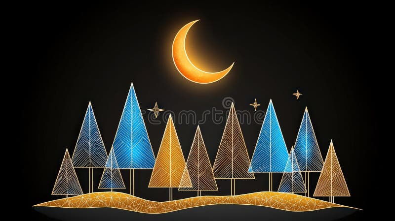 Abstract Geometric Forest Landscape with Moon and Stars in Modern ...
