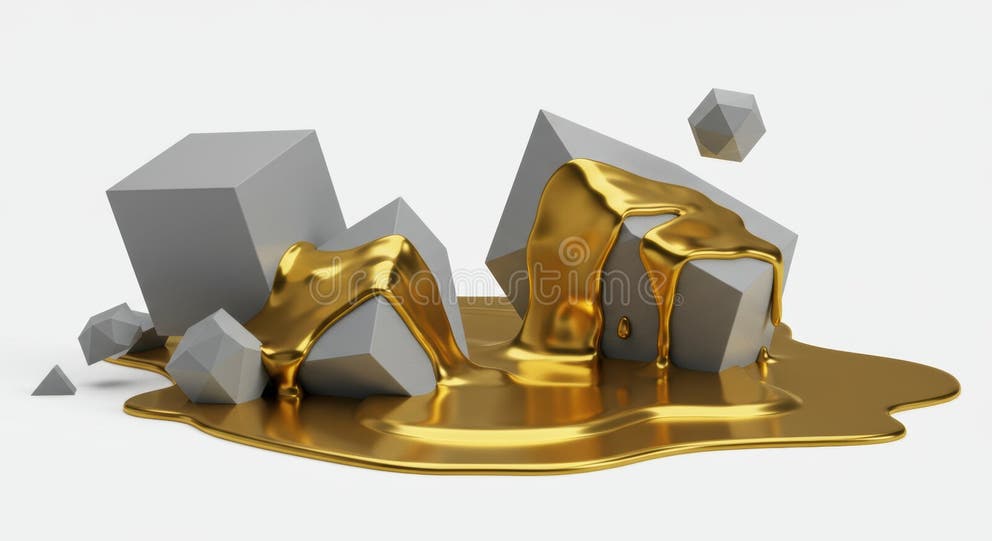 Abstract Geometric Forms with Gold Liquid Melt on Gray Cubes and ...