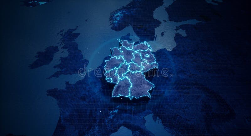 Abstract Geometric Futuristic Concept 3d Map of Germany with Borders As Scribble, Blue Neon ...