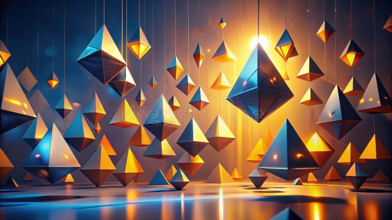 Abstract Geometric Hanging Pyramids Illuminated by Warm Light ...