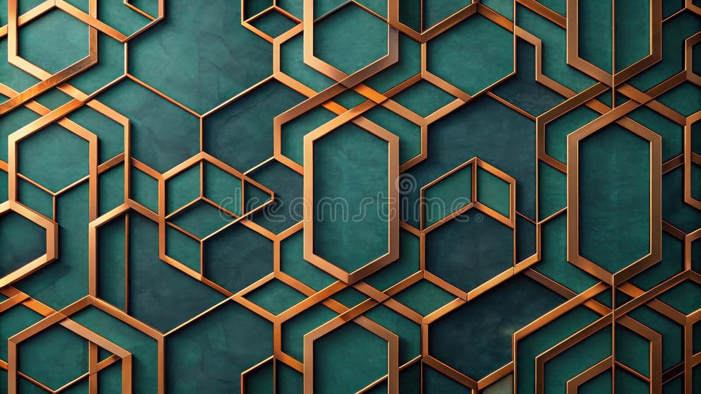 Abstract Geometric Hexagon Pattern with Copper Frames on Teal ...