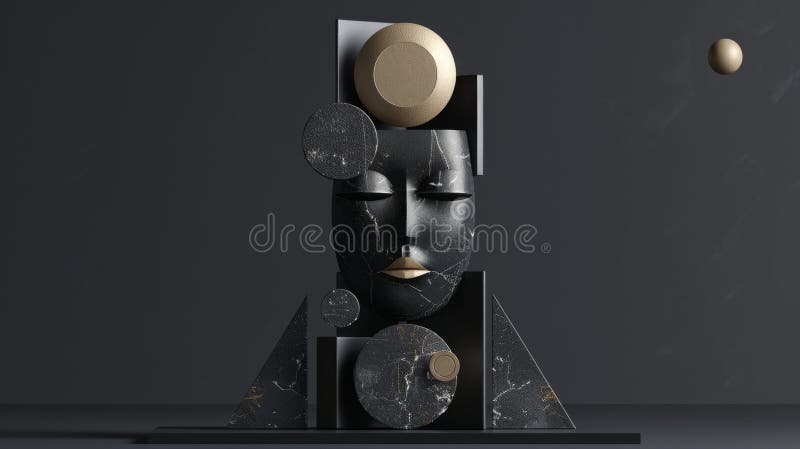 Abstract Geometric Human Face Sculpture with Dark Background Stock ...