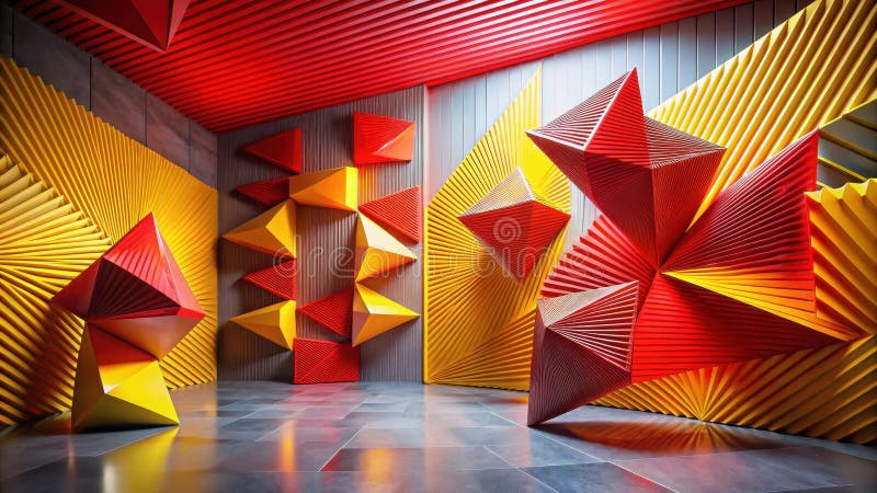 Abstract Geometric Installation Red and Yellow Polyhedral Forms in a ...