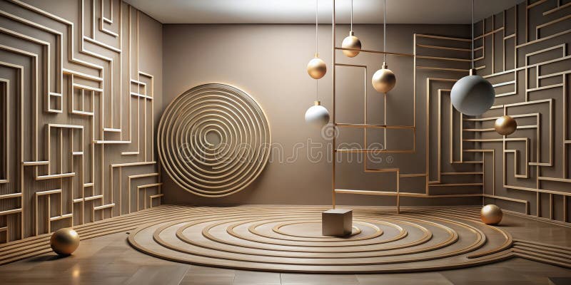 Abstract Geometric Interior Design with Gold Accents and Spherical ...
