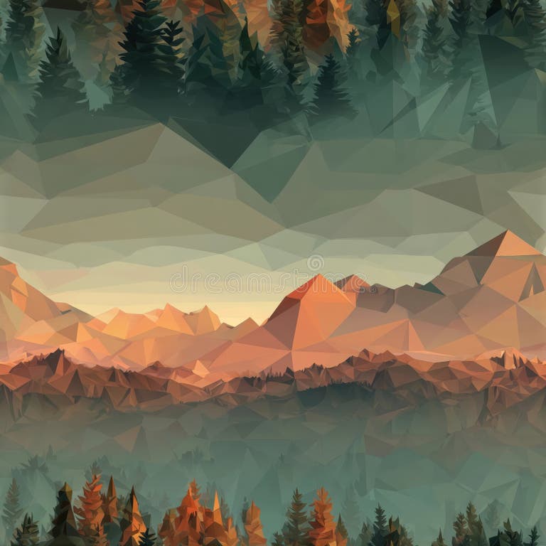 Abstract Geometric Landscape with Mountains and Forests in Soft Colors ...