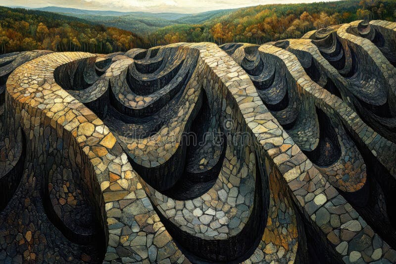Abstract Geometric Landscape Painting Featuring Layered Pathways in a ...